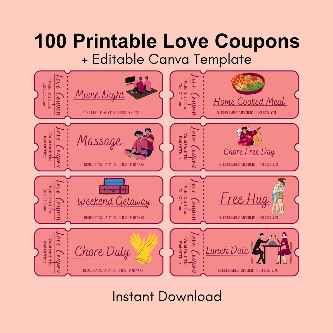 100 Printable Love Coupons for Him and Her, Couple Coupons, Valentines ...
