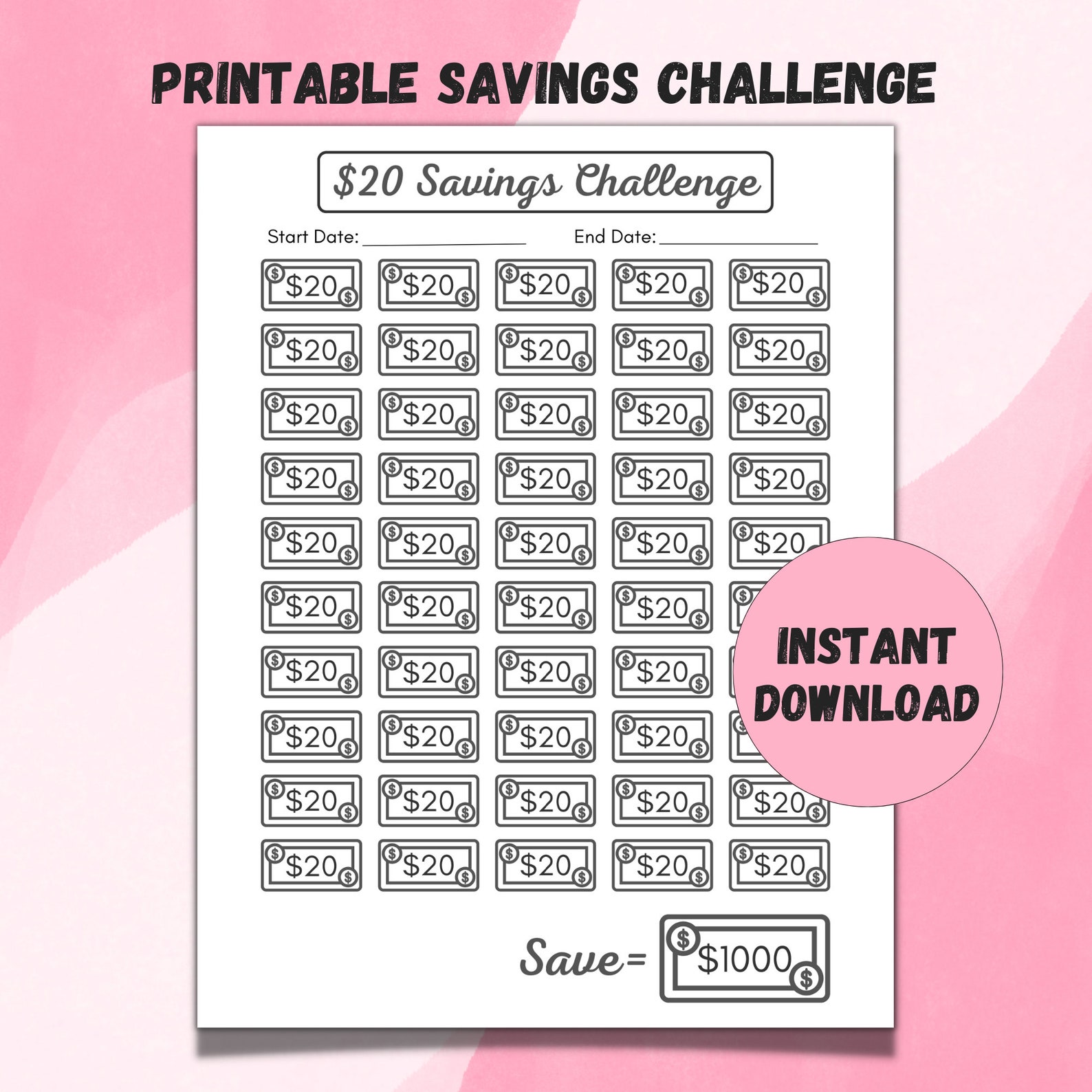 20 Dollar Savings Challenge Printable, Mini Savings Tracker, 50 Day ...