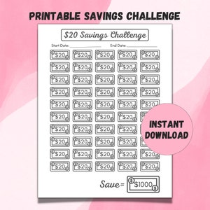 20 Dollar Savings Challenge Printable, Mini Savings Tracker, 50 Day ...