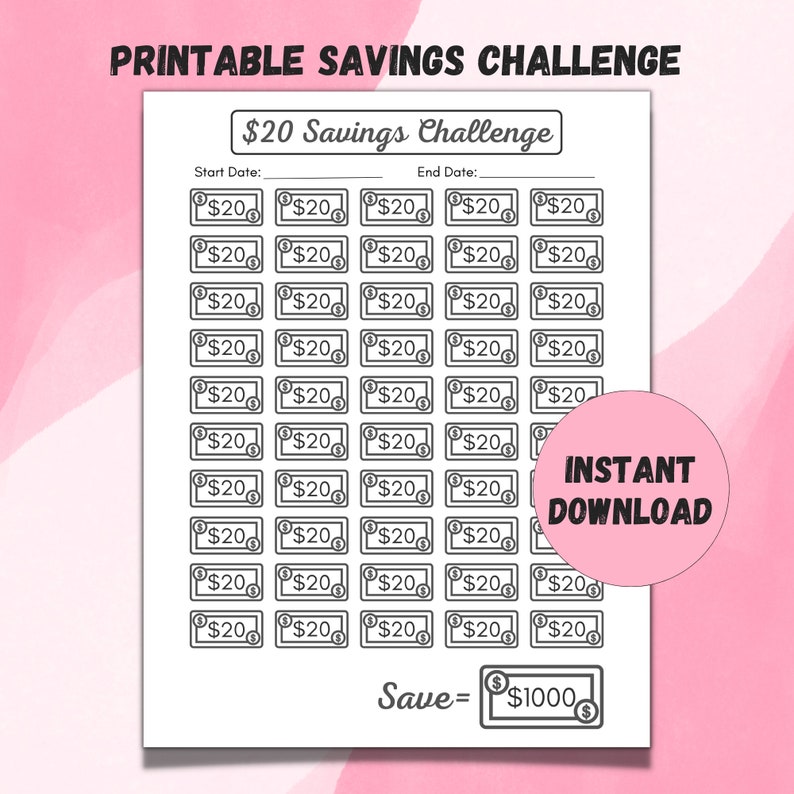 20 Dollar Savings Challenge Printable, Mini Savings Tracker, 50 Day ...