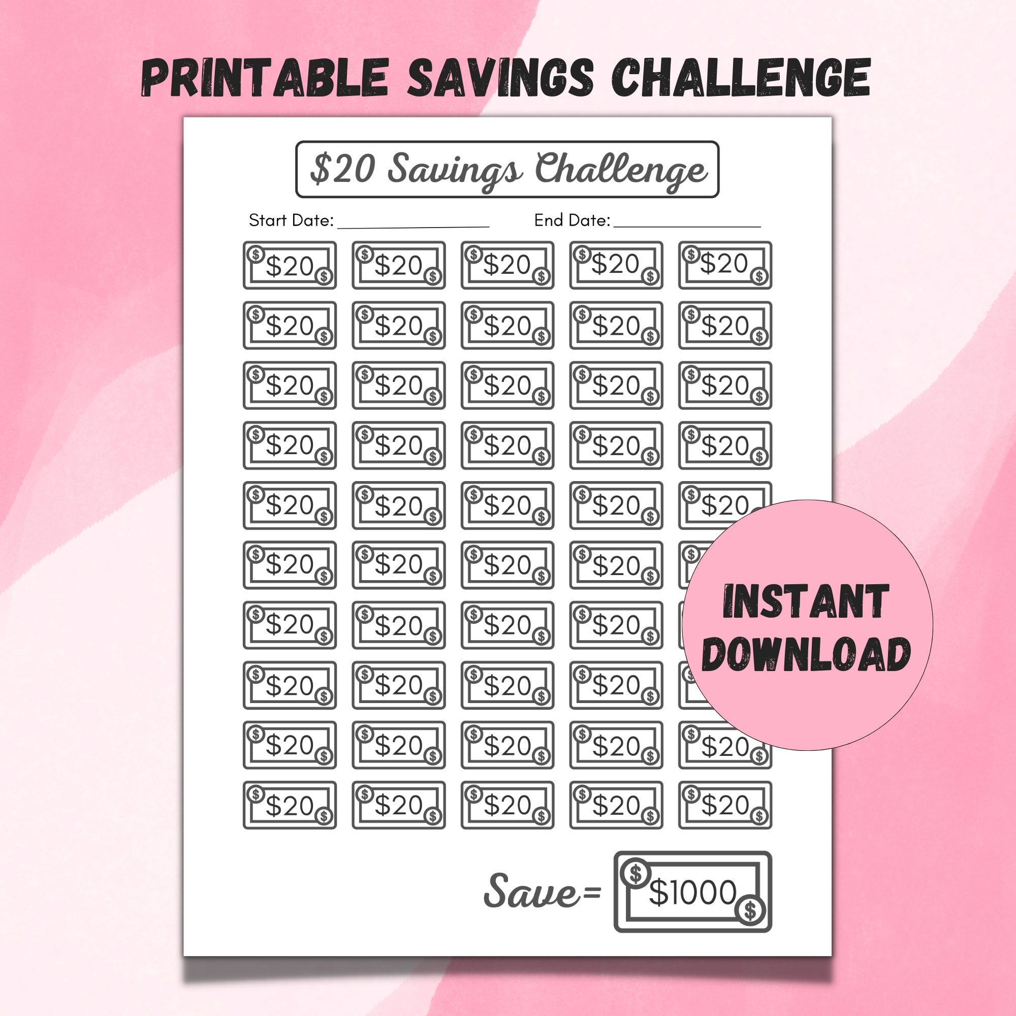 20 Dollar Savings Challenge Printable, Mini Savings Tracker, 50 Day ...