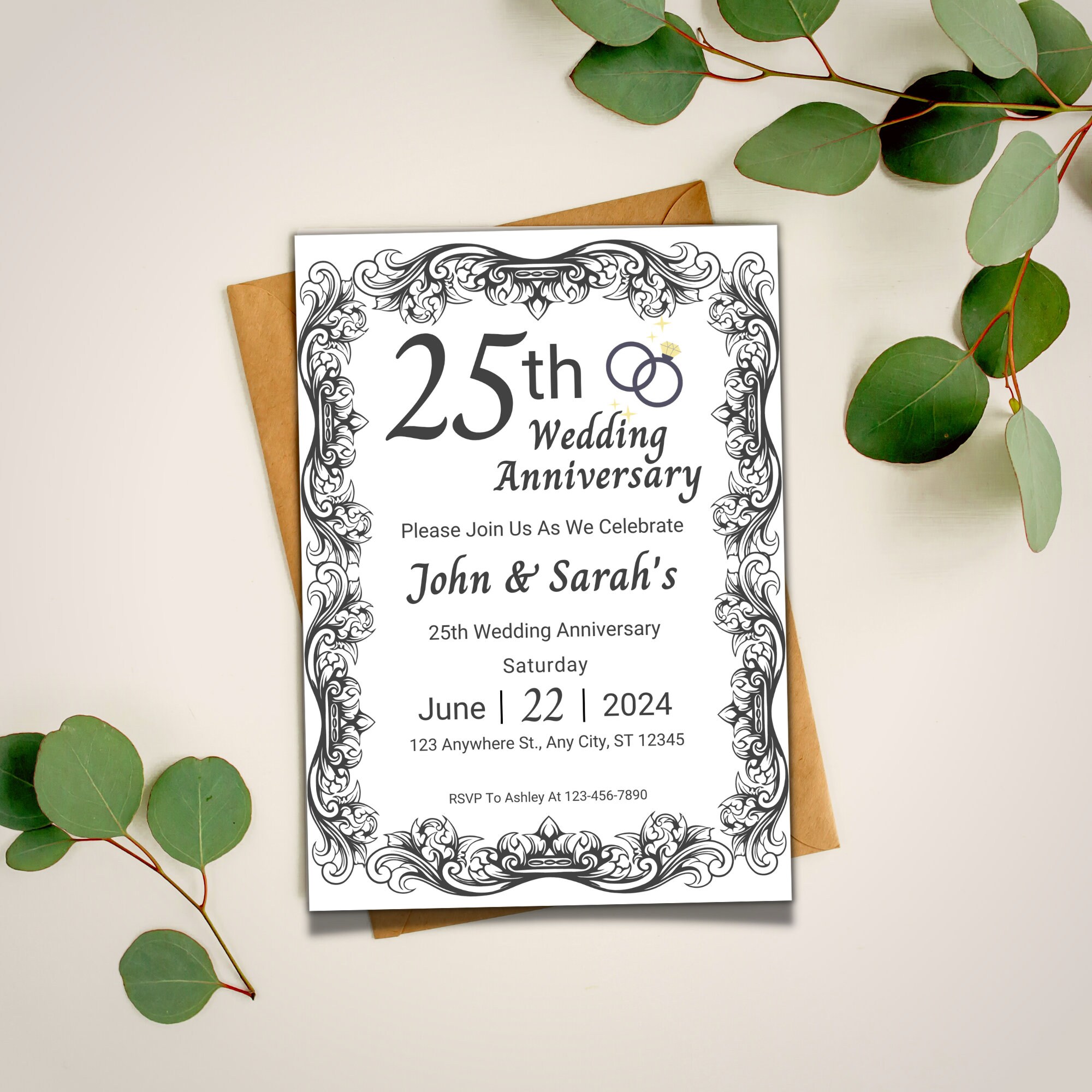 25th Wedding Anniversary Invitation Canva Template, Printable Vow ...