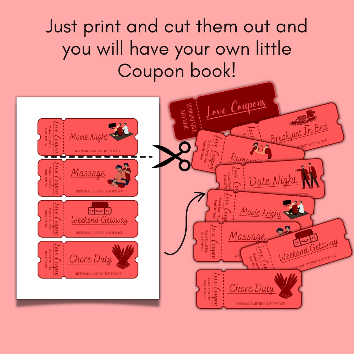 100 Printable Love Coupons for Him and Her, Couple Coupons, Valentines ...
