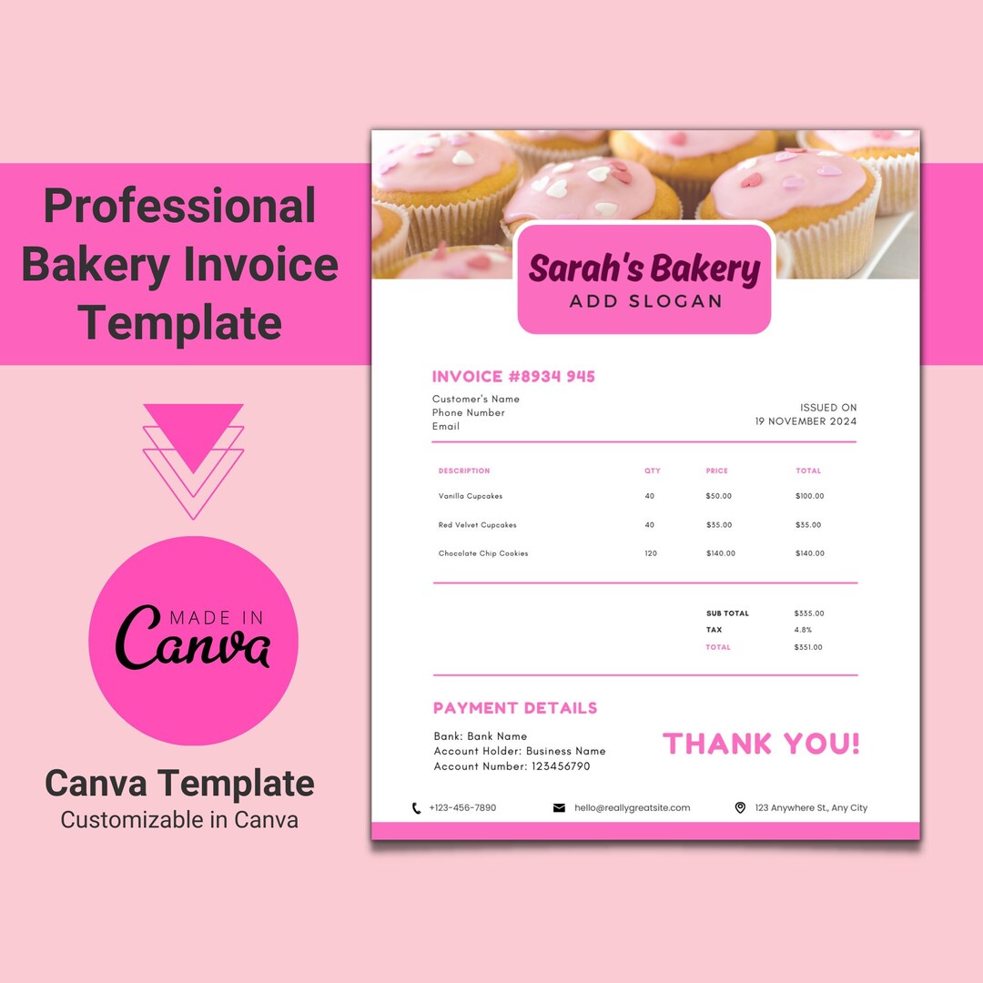 Pink Professional Bakery Business Invoice Template, Printable Small ...