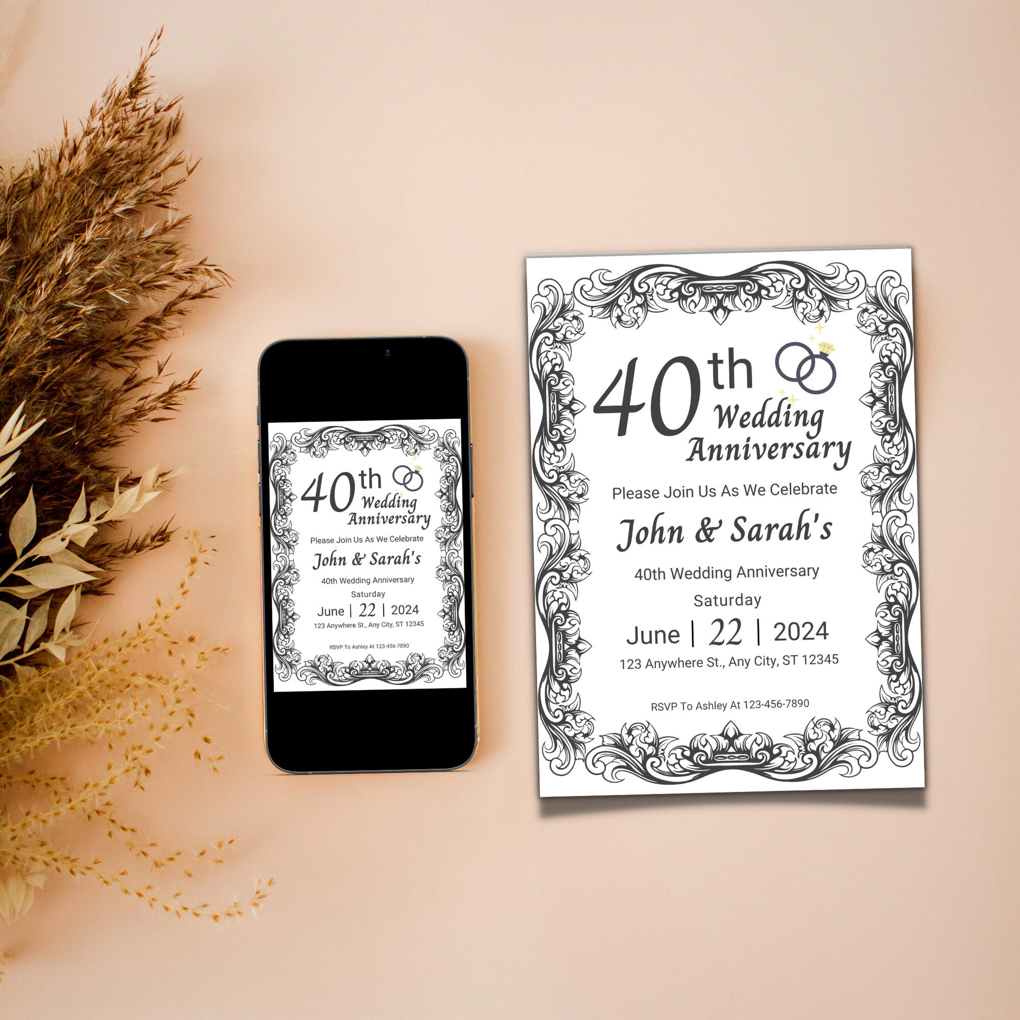40th Wedding Anniversary Invitation Canva Template, Printable Vow ...