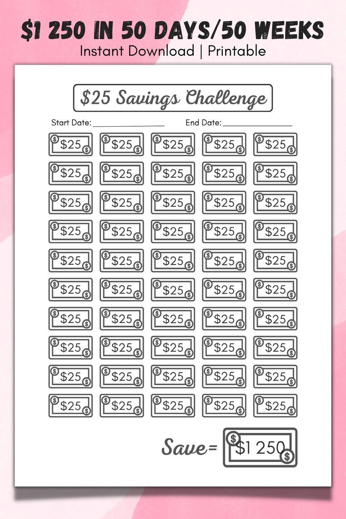 Savings Challenge Printable 25 Dollars, Mini Savings Tracker, 50 Day ...