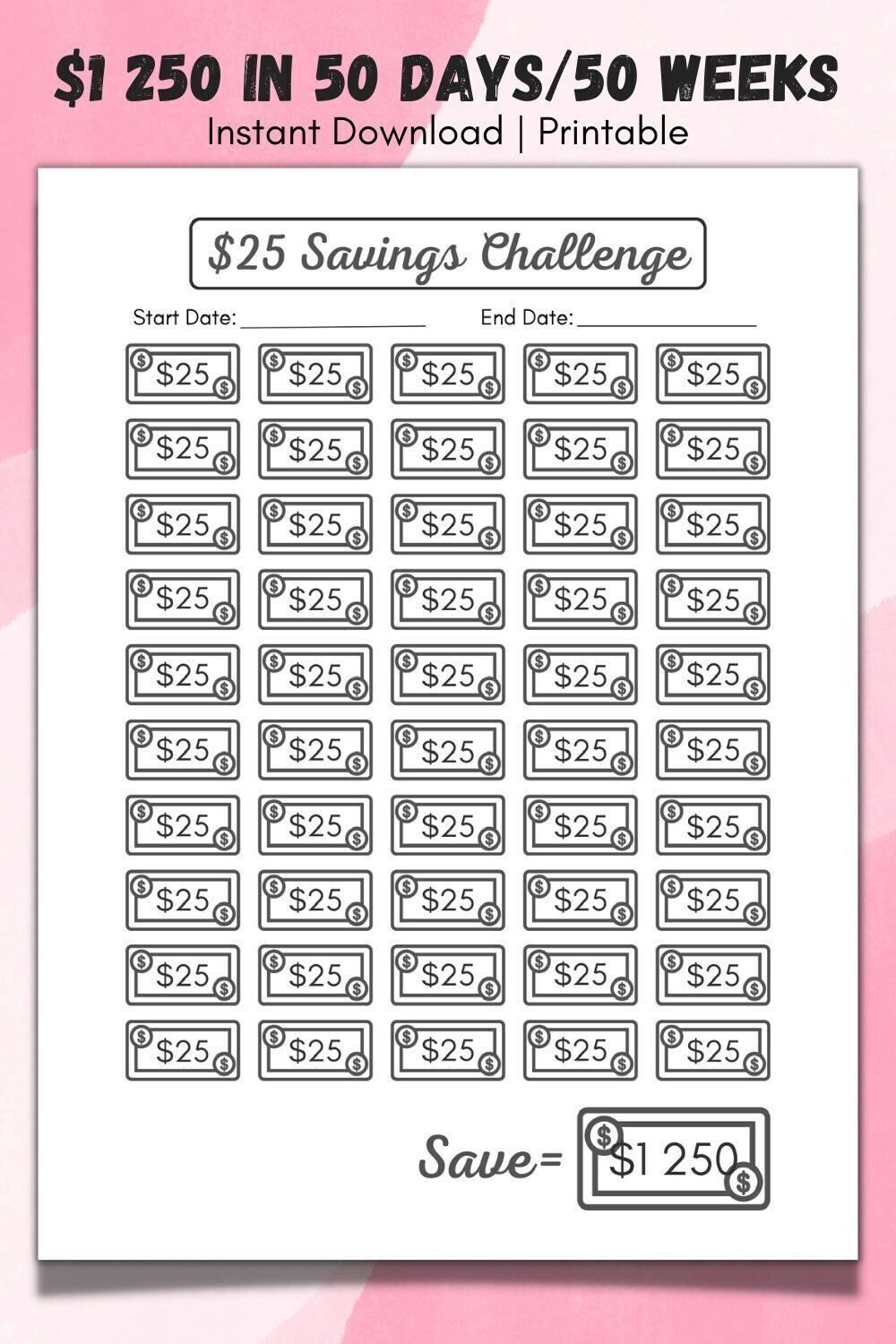 Savings Challenge Printable 25 Dollars, Mini Savings Tracker, 50 Day ...