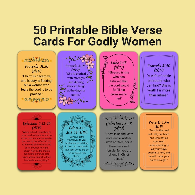 50 Printable Bible Verse Cards for Women, Bible Study Tools, Memory ...