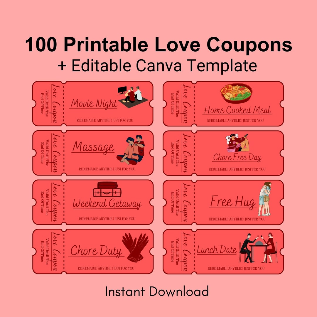 100 Printable Love Coupons for Him and Her, Couple Coupons, Valentines ...