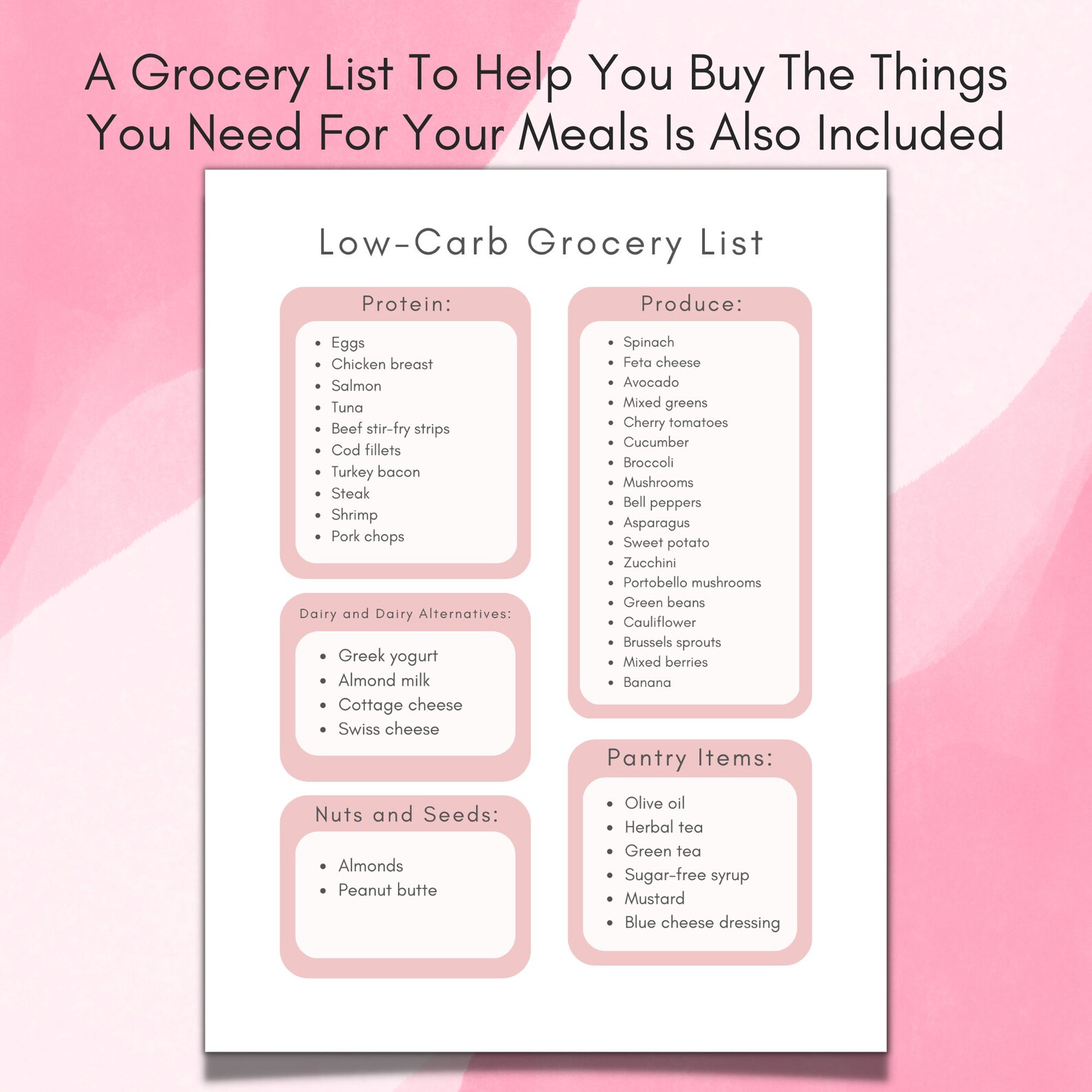 Weekly Low-carb Meal Plan & Grocery List Printable, Shopping List ...