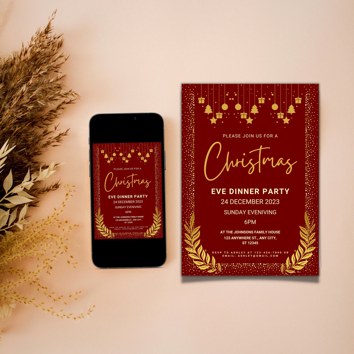 Christmas Eve Dinner Party Invitation Canva Template, Printable ...