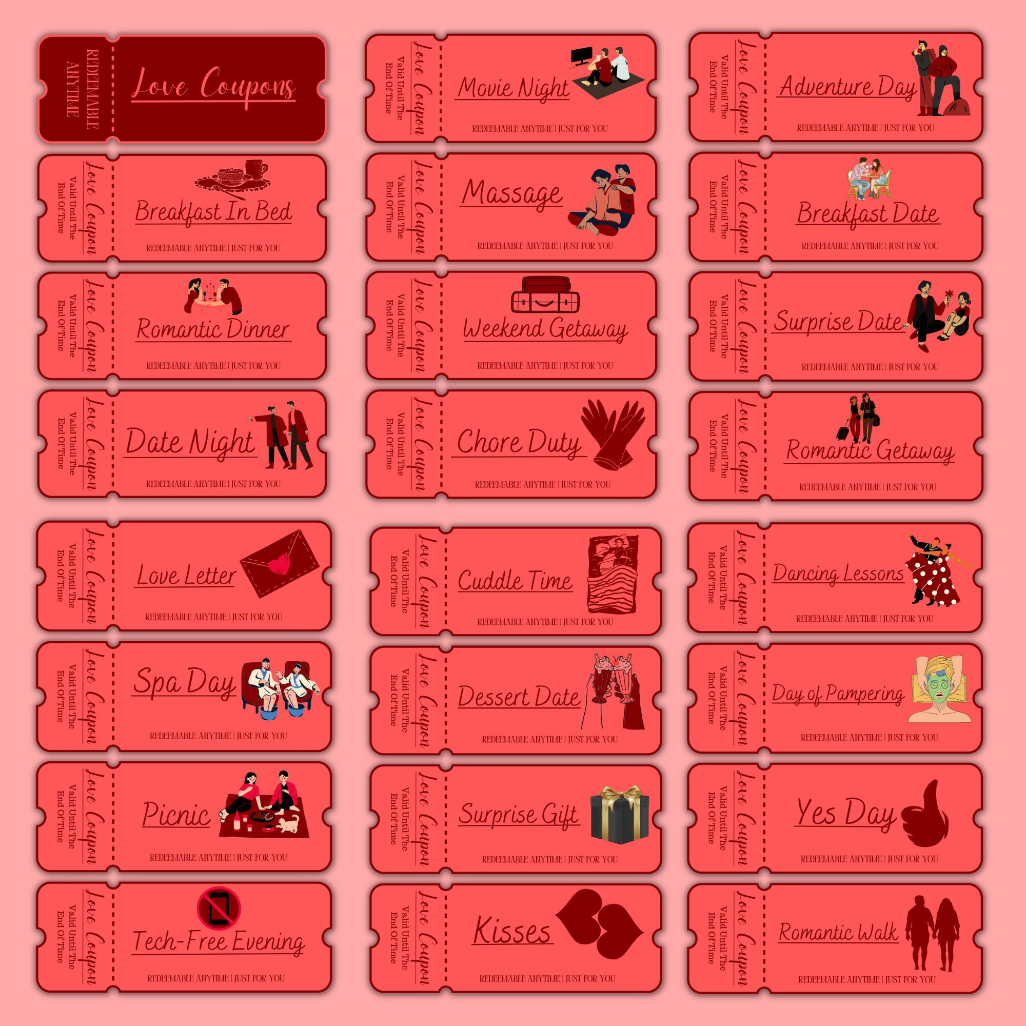 100 Printable Love Coupons for Him and Her, Couple Coupons, Valentines ...