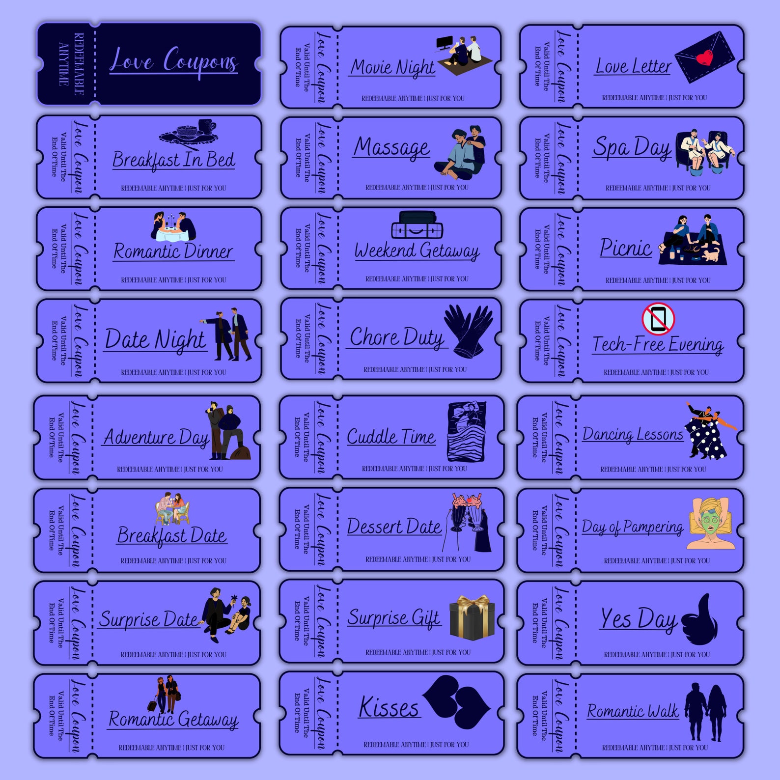 100 Printable Love Coupons for Him and Her, Couple Coupons, Valentines ...