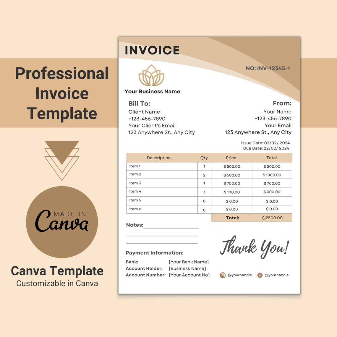 Professional Invoice Template, Printable Small Business Invoice, Custom ...
