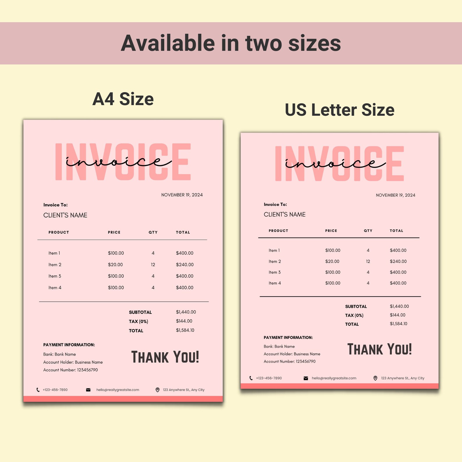 Simple Professional Invoice Template, Printable Small Business Invoice ...