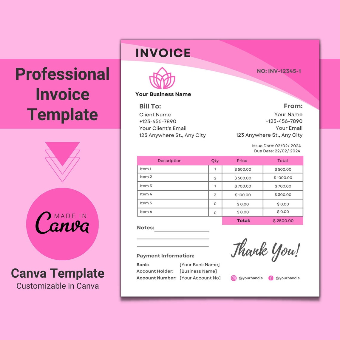 Pink Professional Invoice Template, Printable Small Business Invoice ...