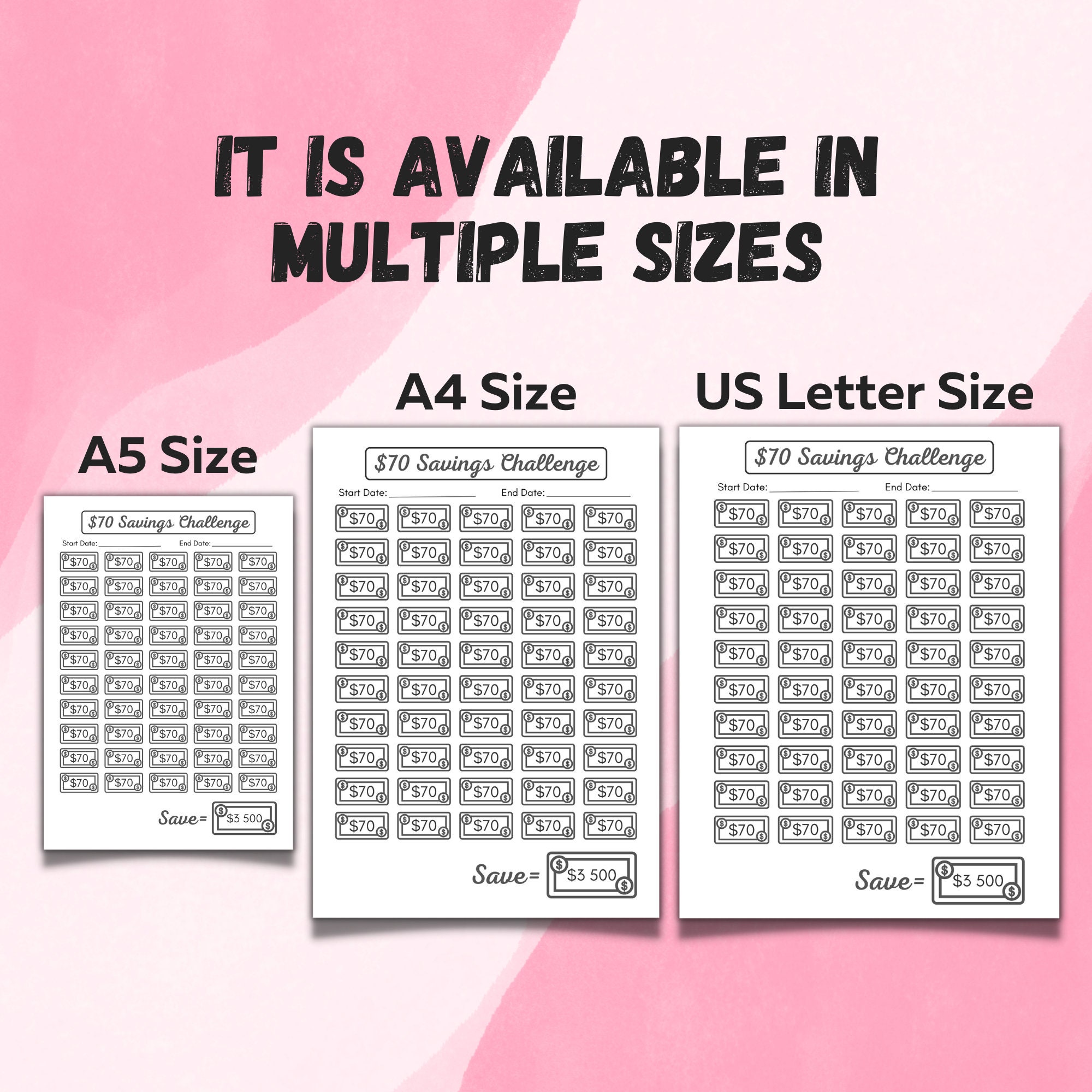 70 Dollar Savings Challenge Printable, Mini Savings Tracker, 50 Day ...