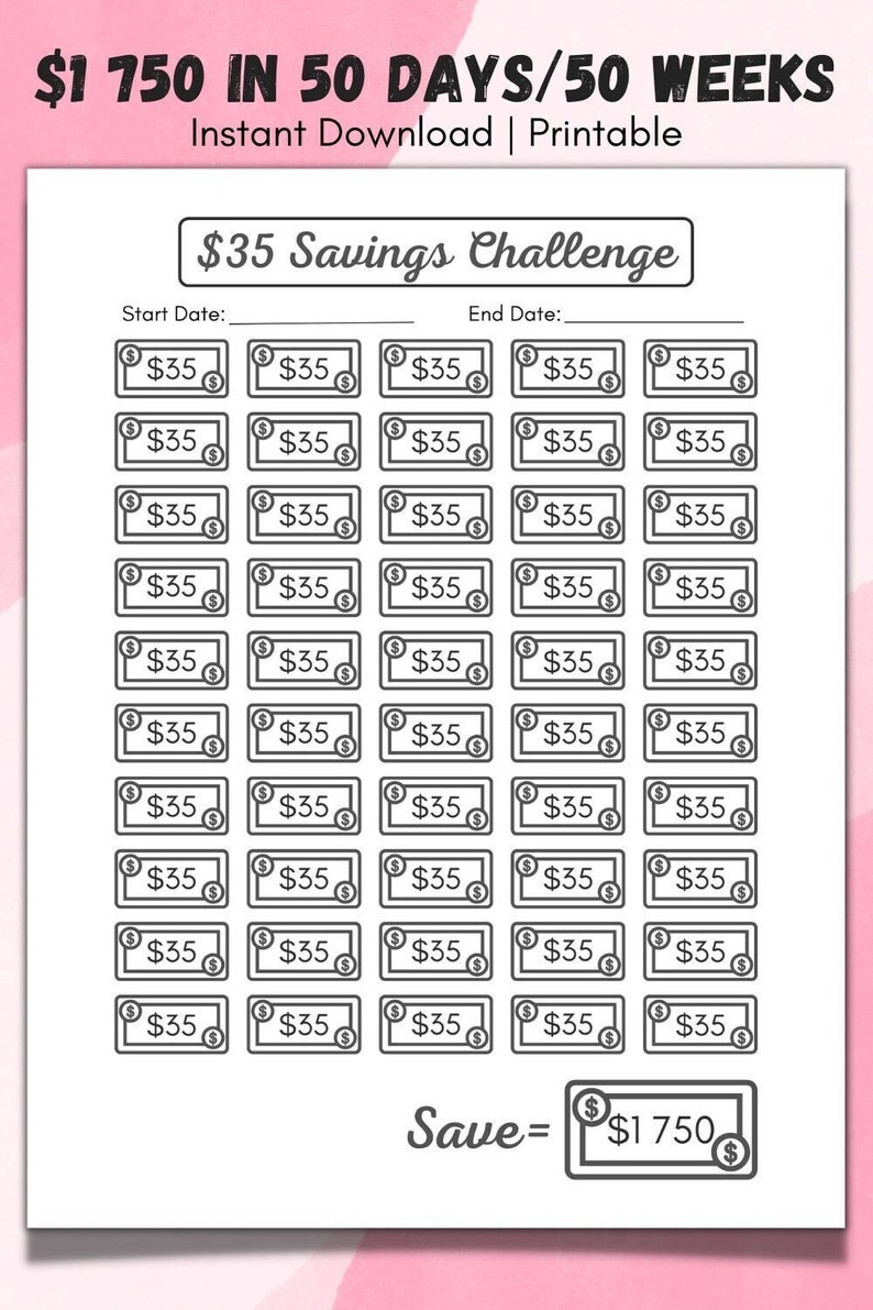 Savings Challenge Printable 35 Dollars, Mini Savings Tracker, 50 Day ...