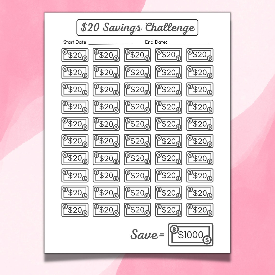 20 Dollar Savings Challenge Printable, Mini Savings Tracker, 50 Day ...