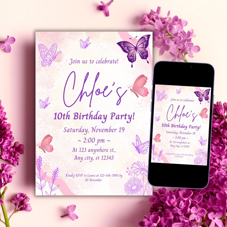 Printable 10th Birthday Party Invitation Canva Template, Butterfly ...