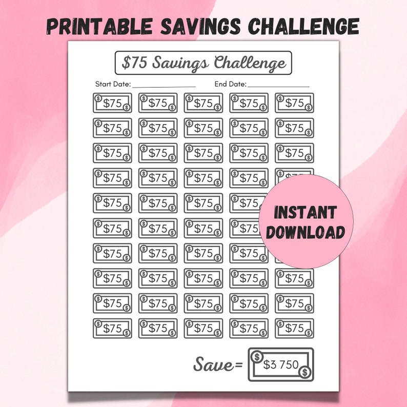 75 Dollar Savings Challenge Printable, Mini Savings Tracker, 50 Day ...