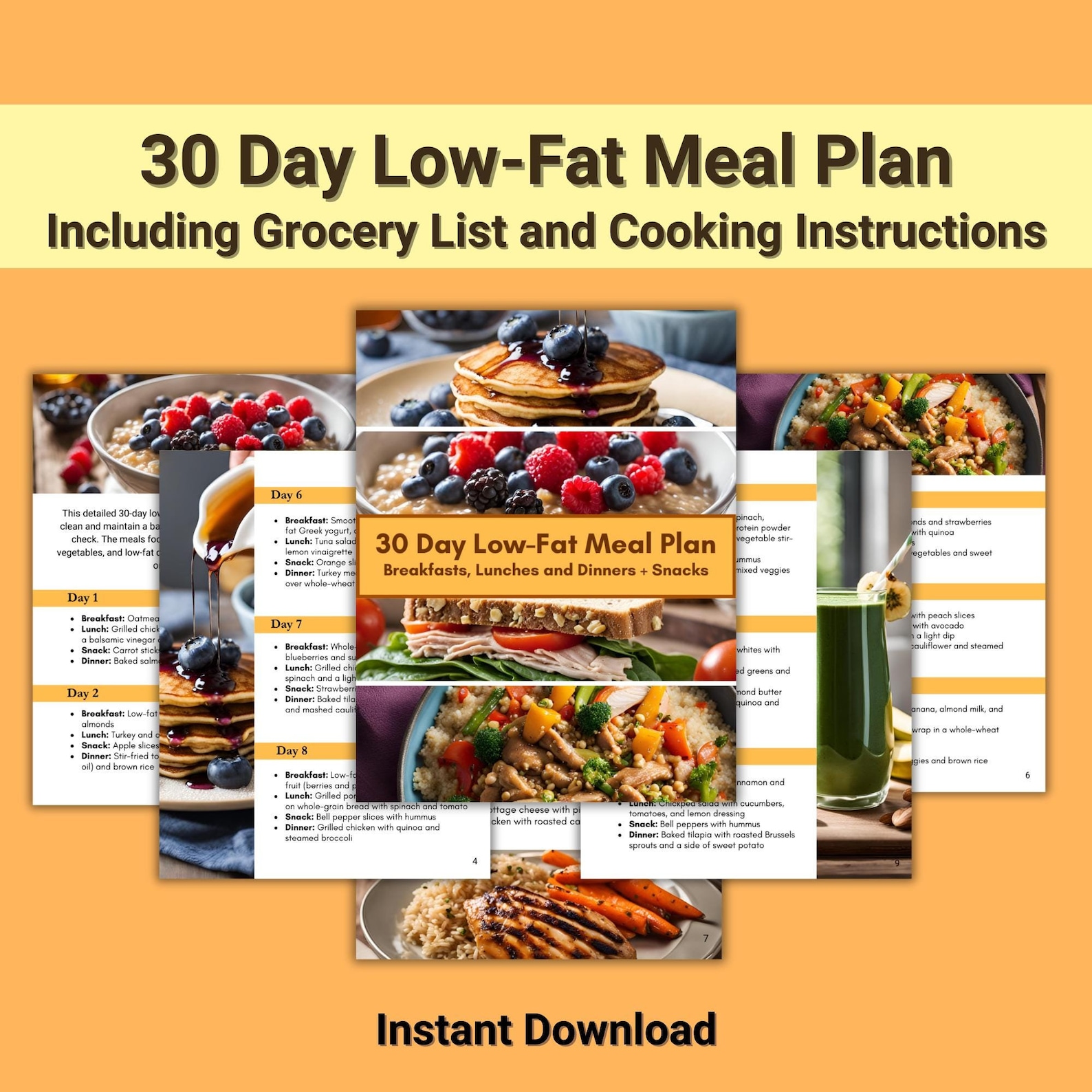 Printable 30-day Low-fat Meal Plan & Grocery List, Digital Healthy Meal ...