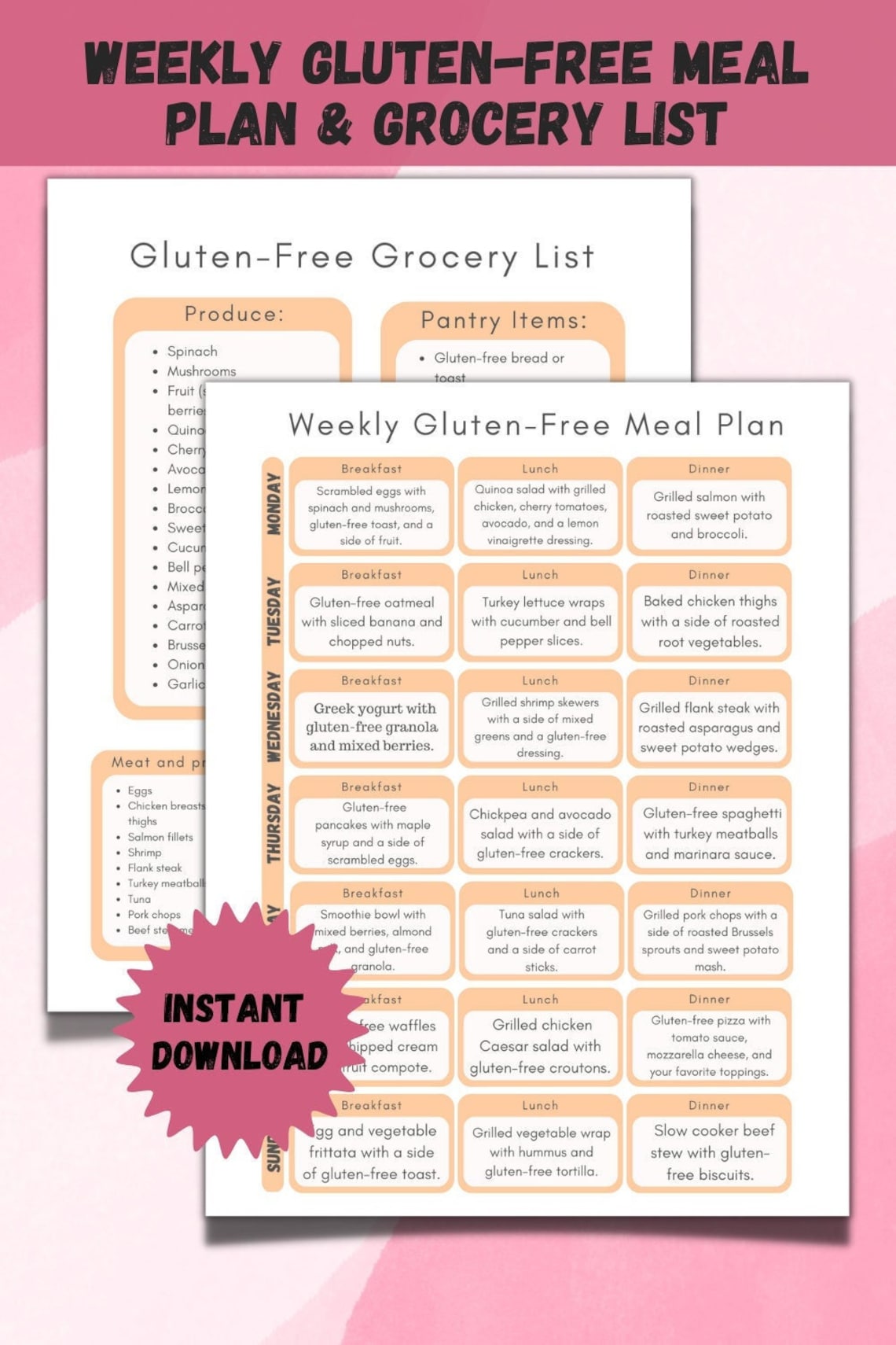 Weekly Gluten Free Meal Plan & Grocery List Printable, Shopping List ...