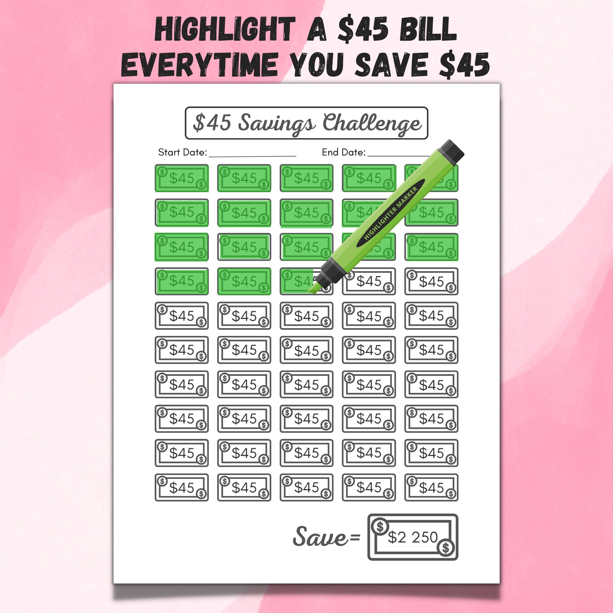 Savings Challenge Printable 45 Dollars, Mini Savings Tracker, 50 Day ...