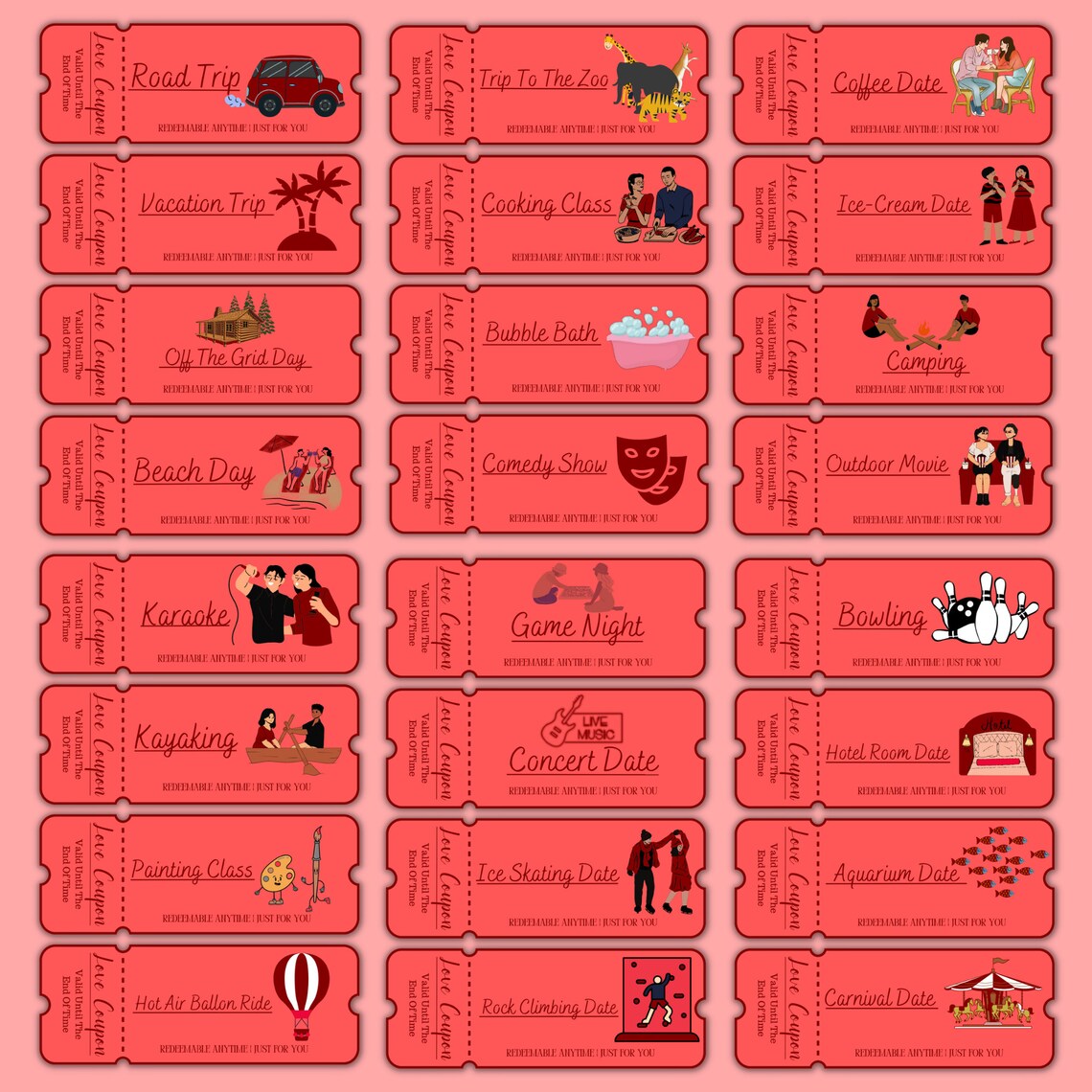 100 Printable Love Coupons for Him and Her, Couple Coupons, Valentines ...