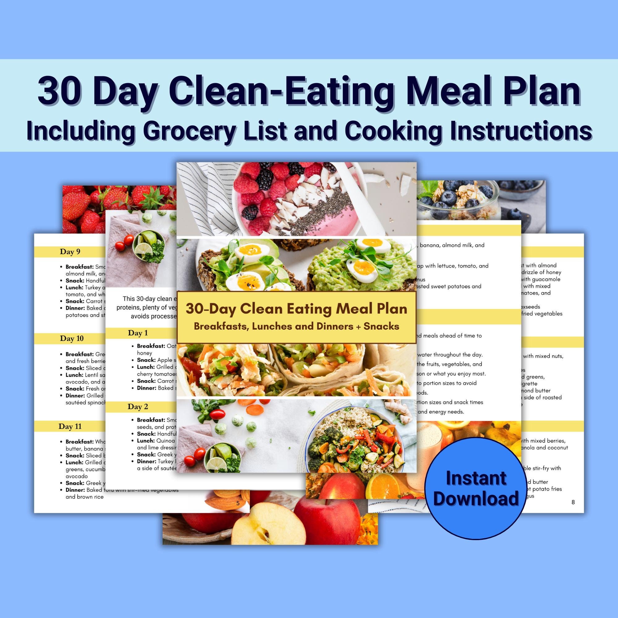 Printable 30 Day Clean Eating Meal Plan & Grocery List, Healthy ...