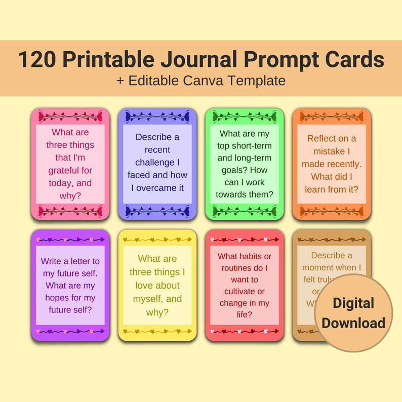 Printable Journal Prompt Cards, Daily Journal Prompts, Gift for Women ...