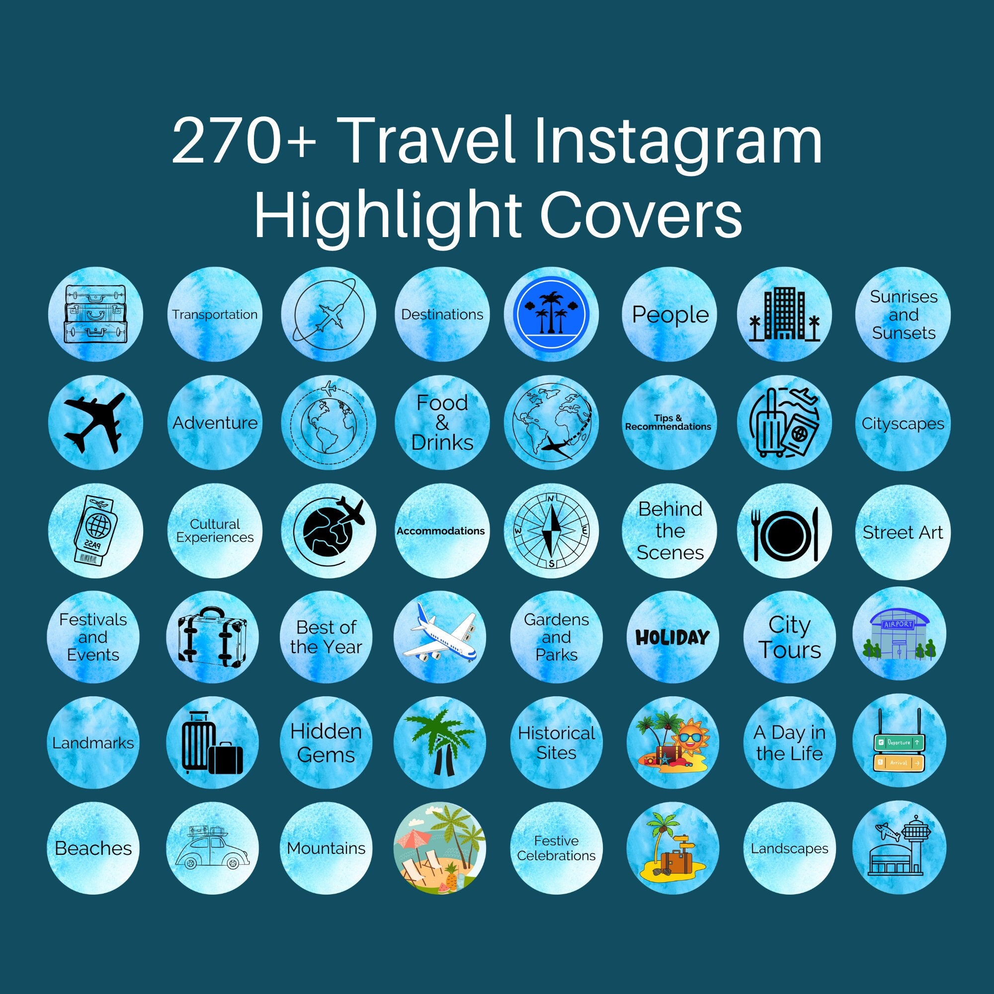 Blue Travel Instagram Highlight Covers, Travel IG Icons, Traveler Gift ...