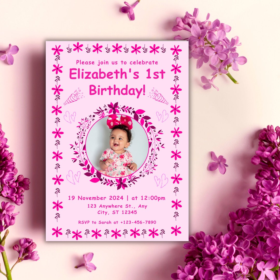 Editable 1st Birthday Party Invitation Canva Template, Digital First ...