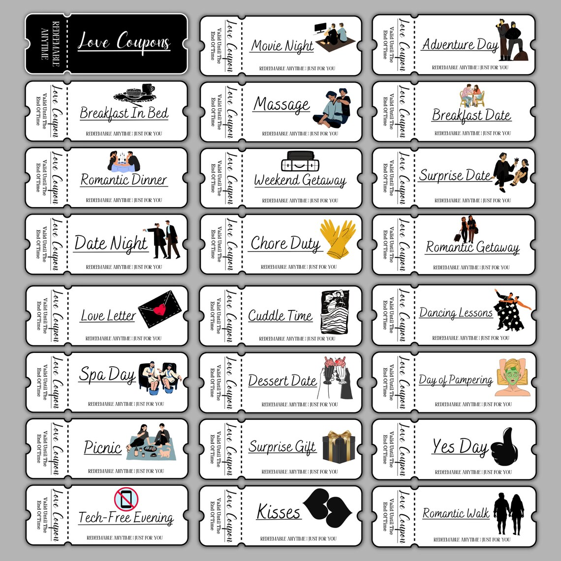 100 Printable Love Coupons for Him and Her, Couple Coupons, Valentines ...