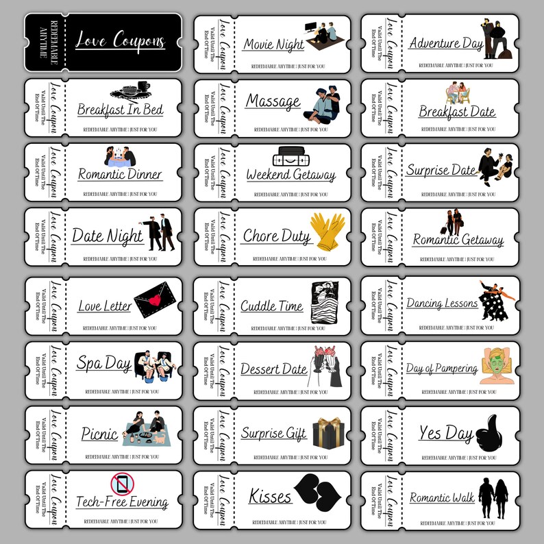 100 Printable Love Coupons for Him and Her, Couple Coupons, Valentines ...