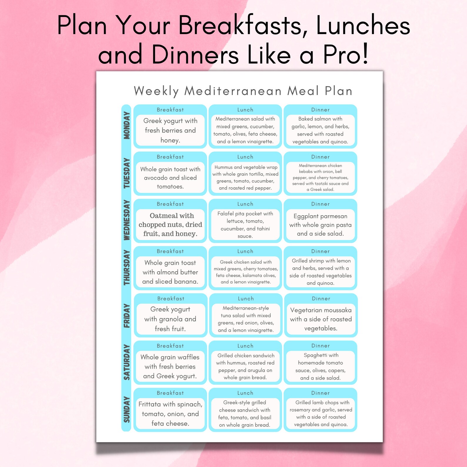 Weekly Mediterranean Meal Plan & Grocery List Printable, Shopping List ...