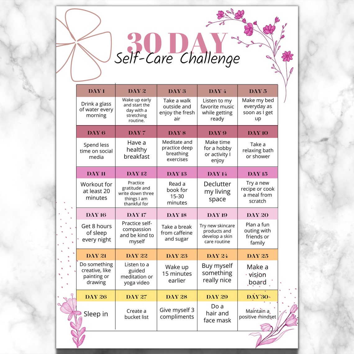 30 Day Self-care Challenge, 1 Page Glow up Challenge Printable, Self ...