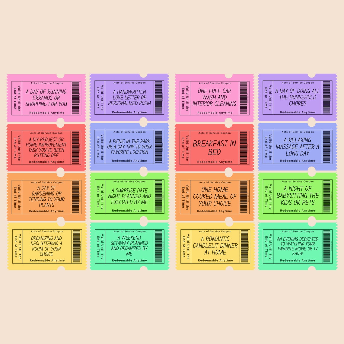 40 Printable Acts of Service Love Coupons, Couple Coupons, Valentines ...