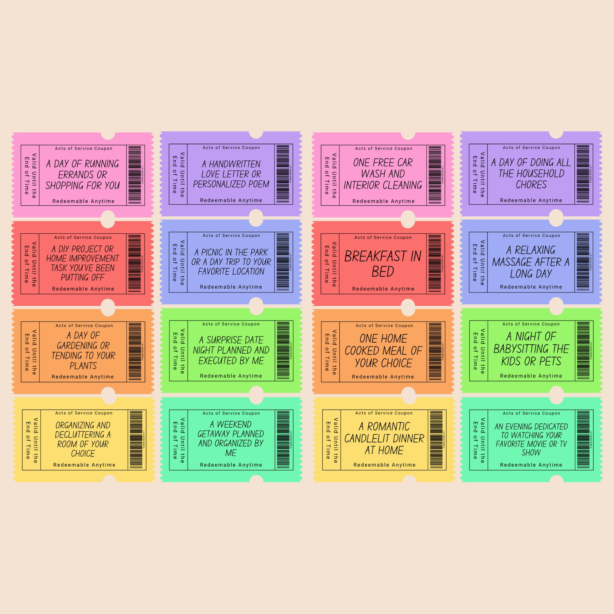 40 Printable Acts of Service Love Coupons, Couple Coupons, Valentines ...