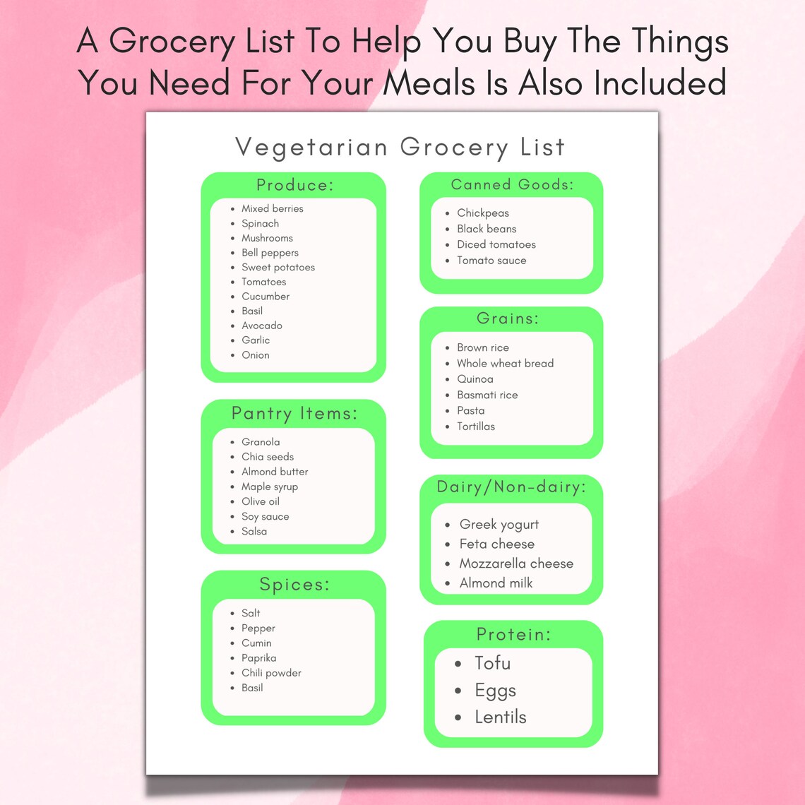 Weekly Vegetarian Meal Plan & Grocery List Printable, Shopping List ...