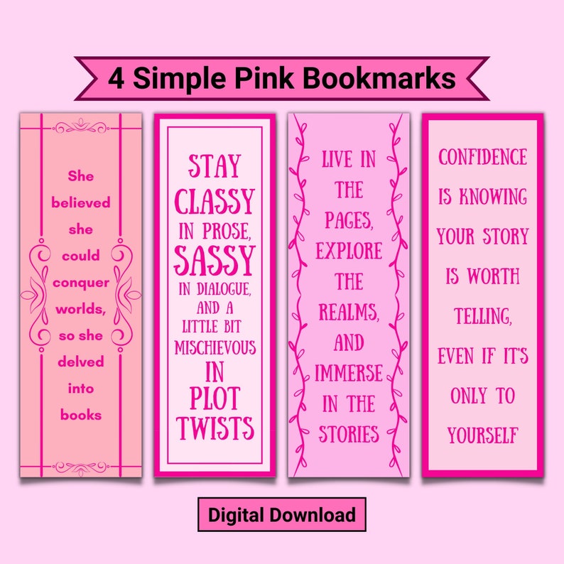 Printable Pink Bookmark Set, Girly Bookish Bookmarks, Gift for Book ...