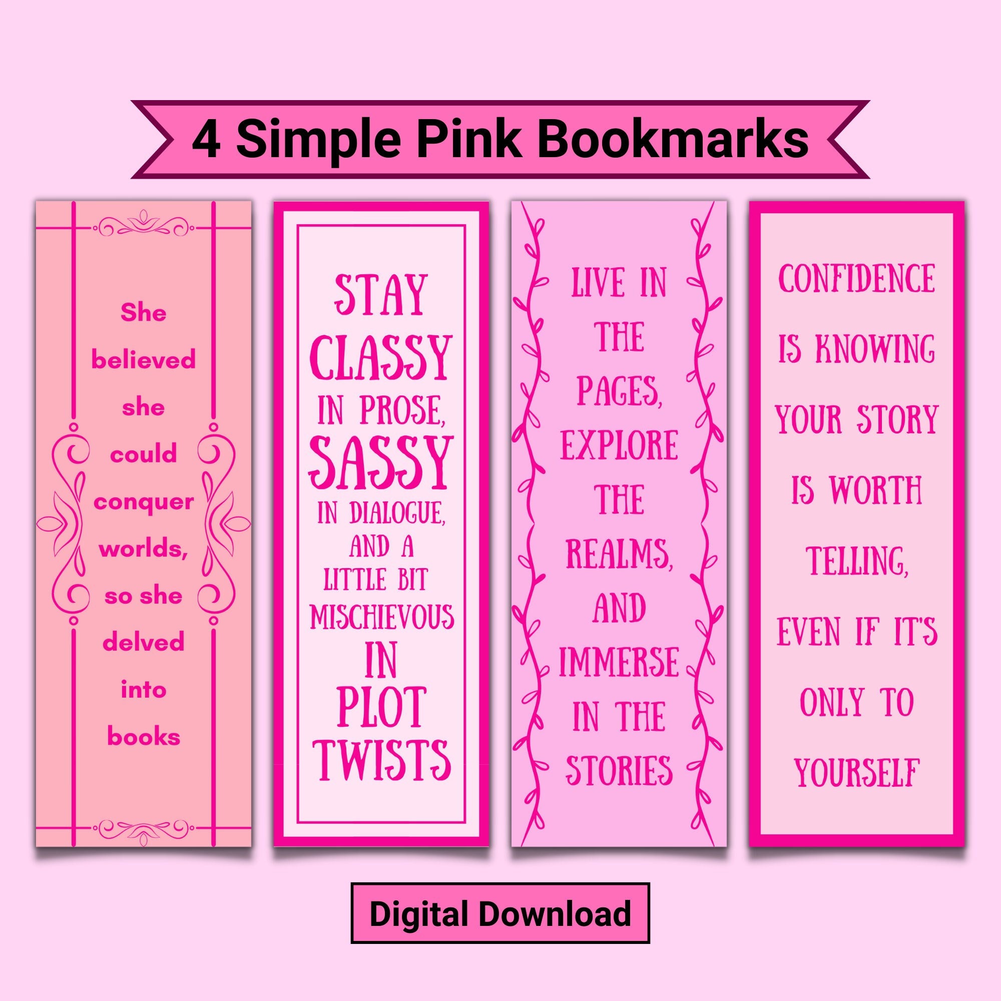 Printable Pink Bookmark Set, Girly Bookish Bookmarks, Gift for Book ...