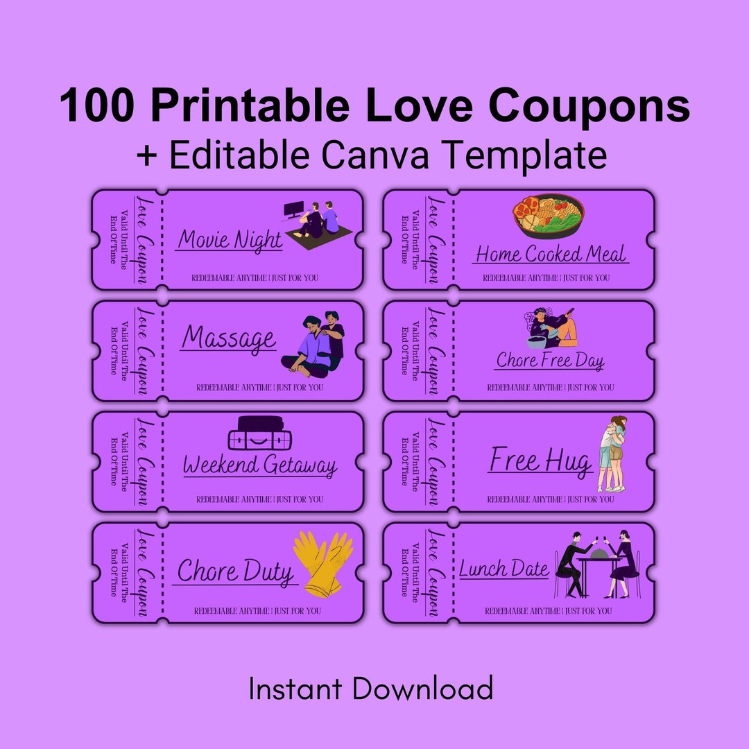 100 Printable Love Coupons for Him and Her, Couple Coupons, Valentines ...
