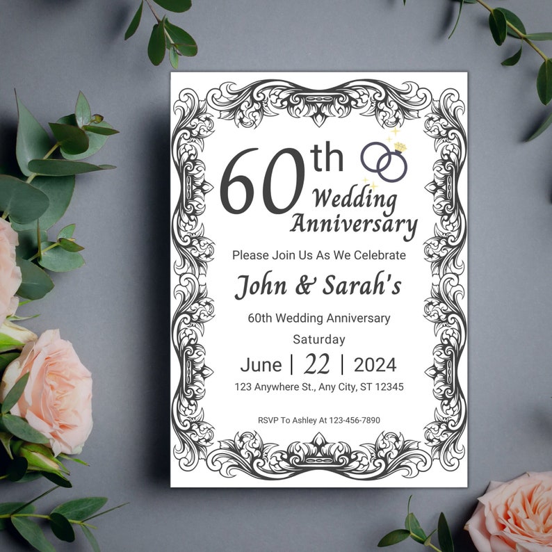 60th Wedding Anniversary Invitation Canva Template, Printable Vow ...