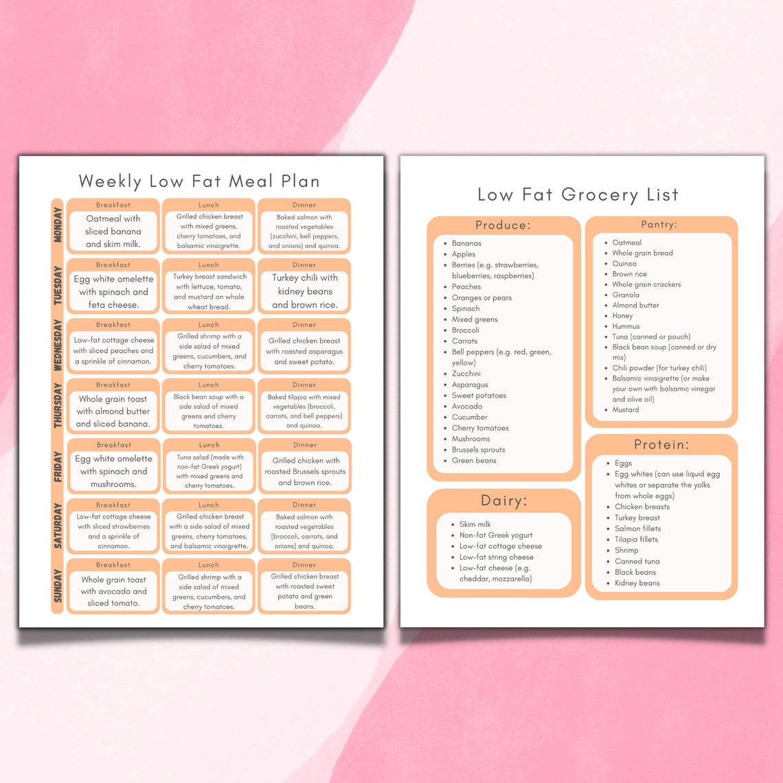 Weekly Low Fat Meal Plan & Grocery List Printable, Shopping List ...