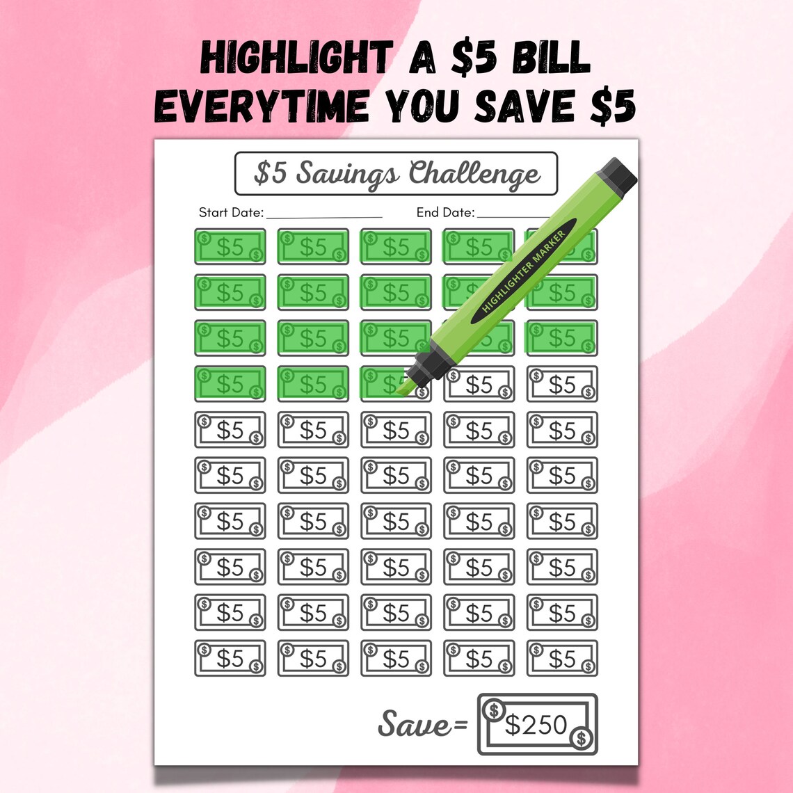 5 Dollar Savings Challenge Printable, Mini Savings Tracker, 50 Day ...