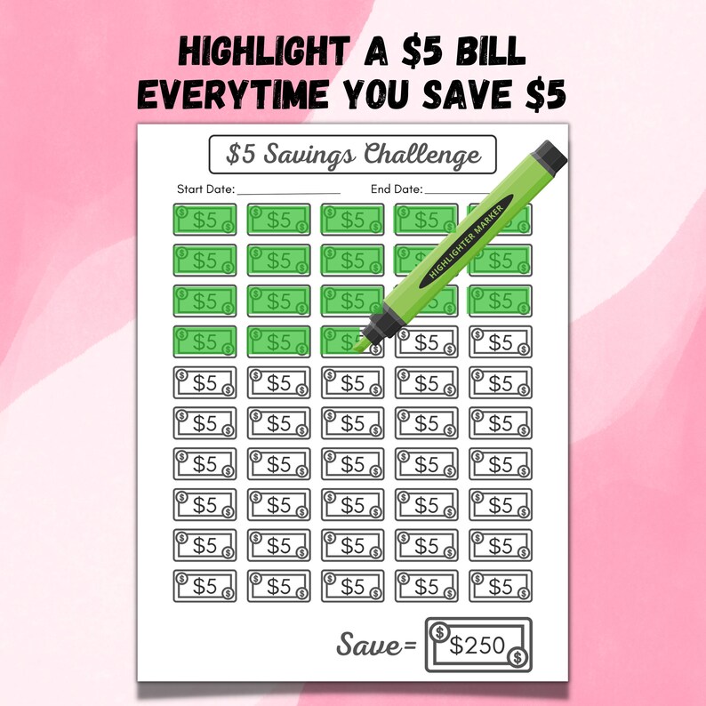 5 Dollar Savings Challenge Printable, Mini Savings Tracker, 50 Day ...