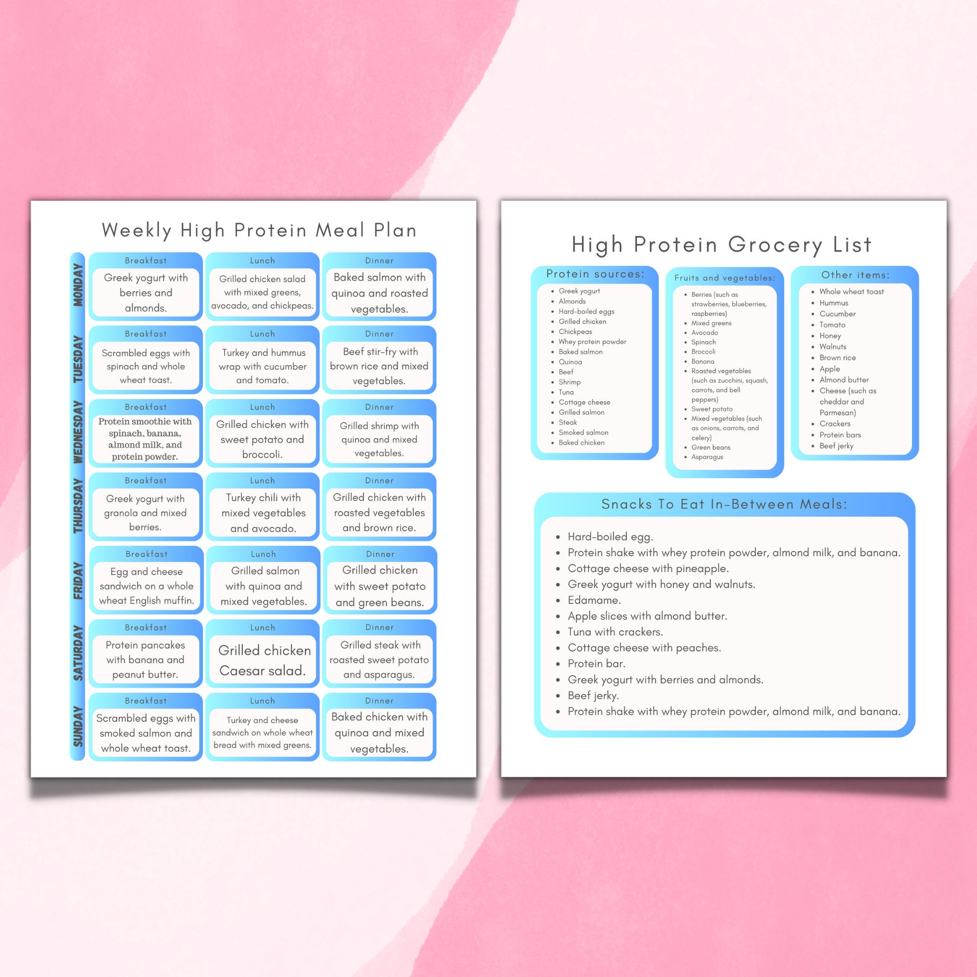 Weekly High Protein Meal Plan & Grocery List Printable, Shopping List ...