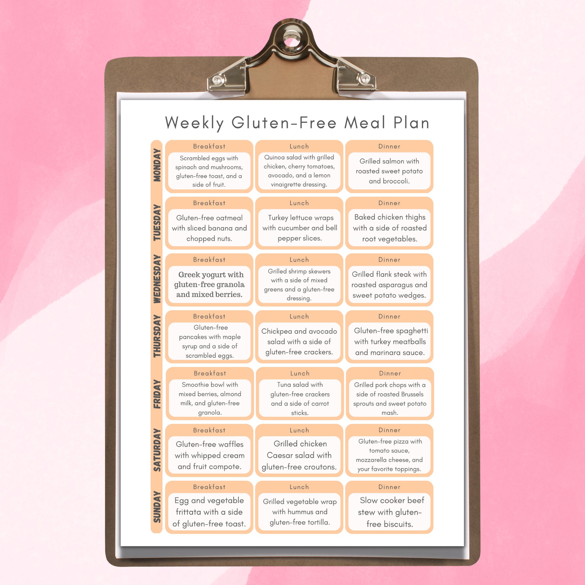 Weekly Gluten Free Meal Plan & Grocery List Printable, Shopping List ...