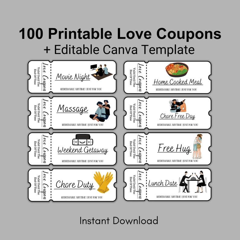 100 Printable Love Coupons for Him and Her, Couple Coupons, Valentines ...